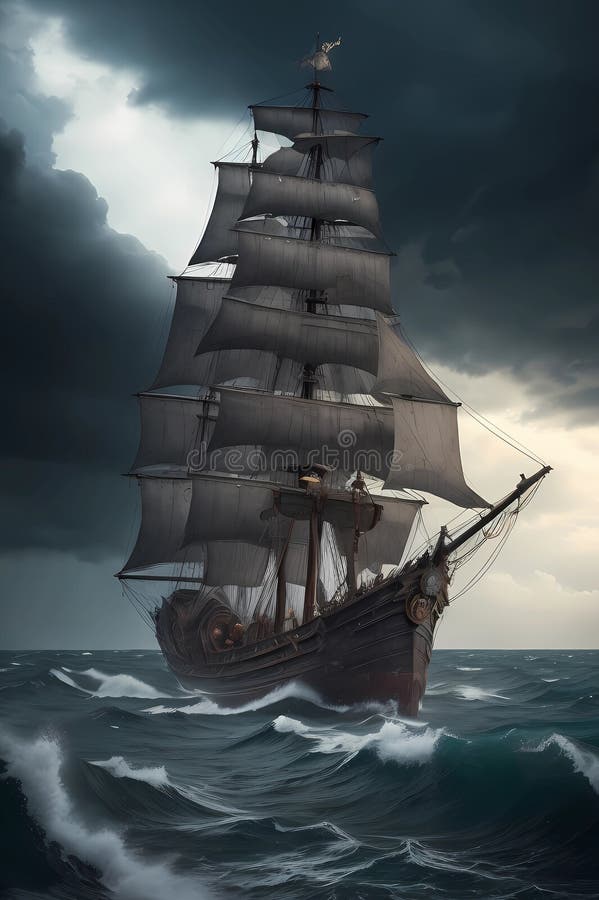 Ancient Dark Pirate Ship in Storm Stock Illustration - Illustration of ...