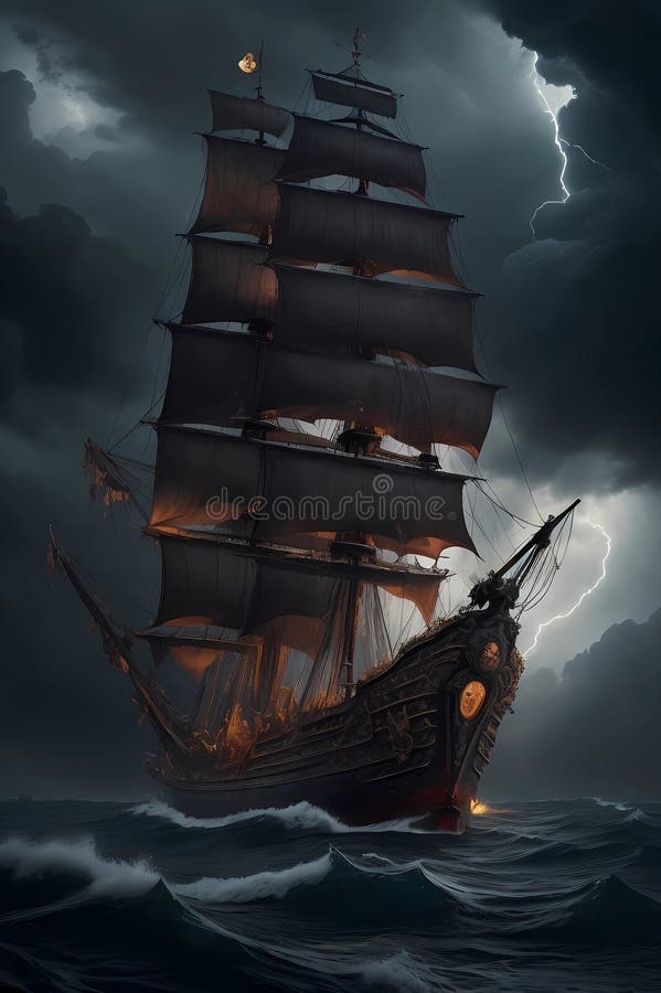 Ancient Dark Pirate Ship in Storm Stock Illustration - Illustration of ...