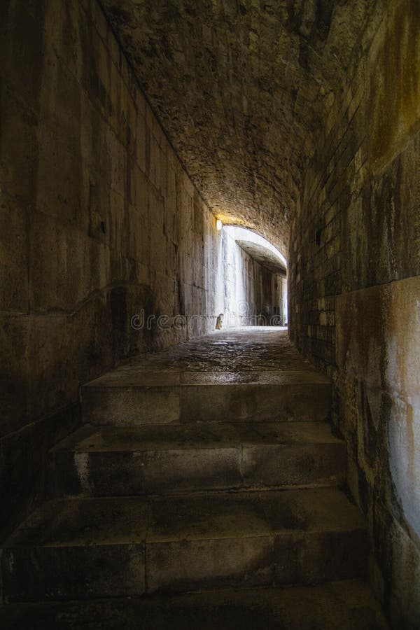 An Ancient Dark Stone Corridor Stock Image - Image of intricate ...