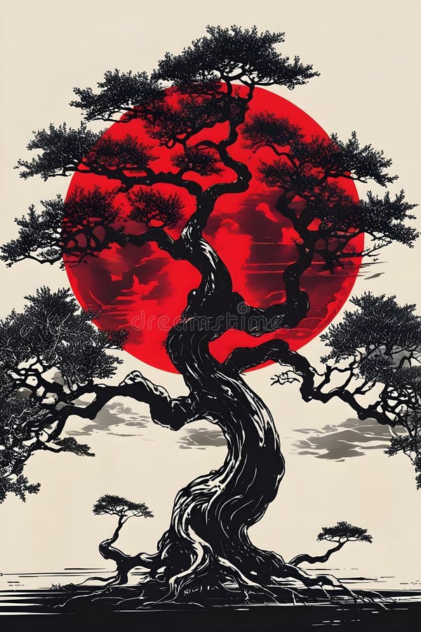Ancient Dark Tree with Gnarled Branches and a Striking Red Sun in ...