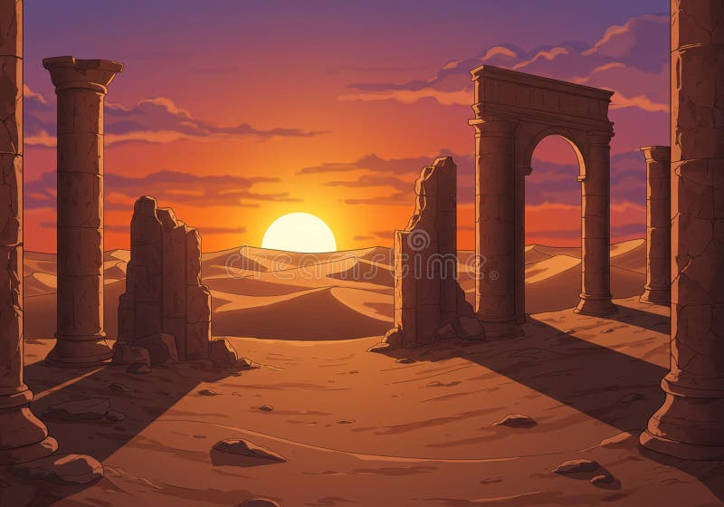 Ancient Desert Ruins are Framed by a Dramatic Sunset. Tall, Weathered Stone Columns Stock ...