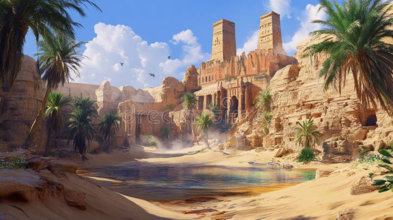 Ancient Desert Ruins Under Bright Sunlight Stock Illustration ...