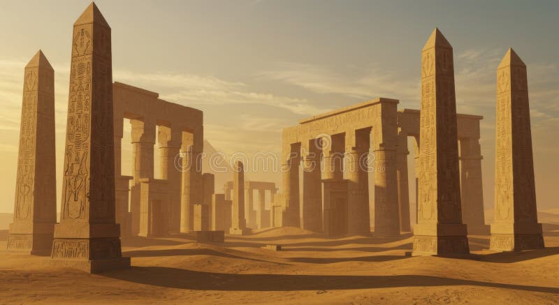 Ancient Desert Temple Ruins at Sunset Stock Illustration - Illustration ...