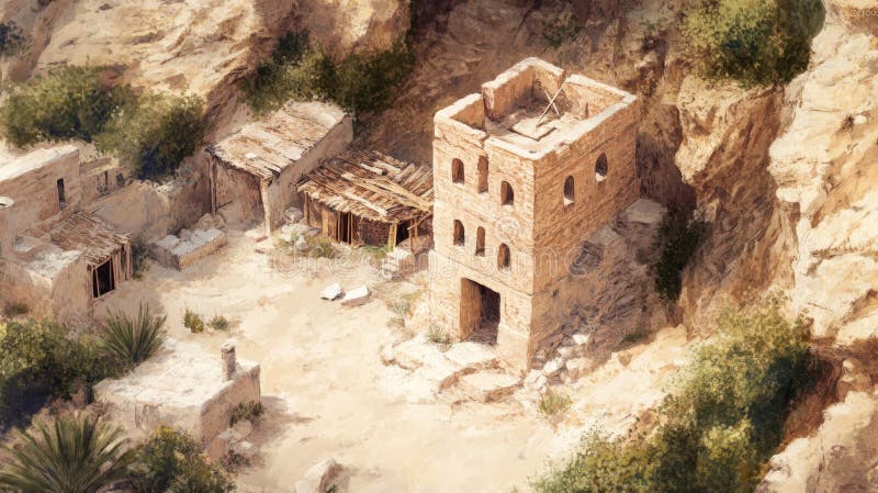 Ancient Desert Village with Rustic Stone Architecture and Caves Stock ...