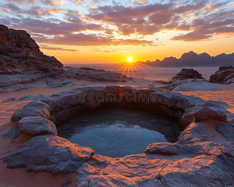 An Ancient Desert Well Casts Deep Shadows at Sunset. Stock Illustration ...