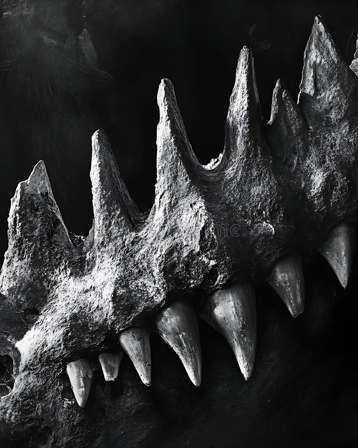 Ancient Dinosaur Jaw Fossil with Sharp Teeth in Black and White Stock ...