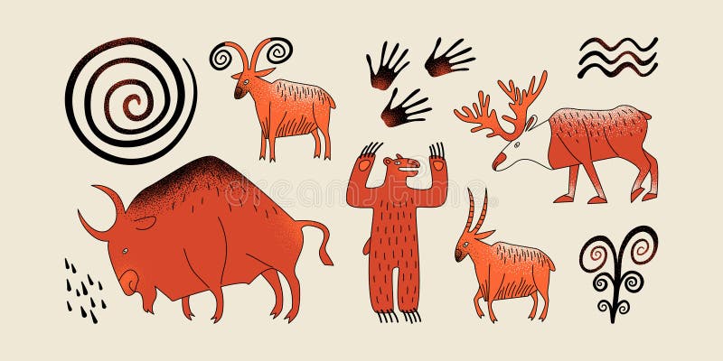 Ancient Drawings of Animals. Rock Art, Primitive Art Stock Vector ...