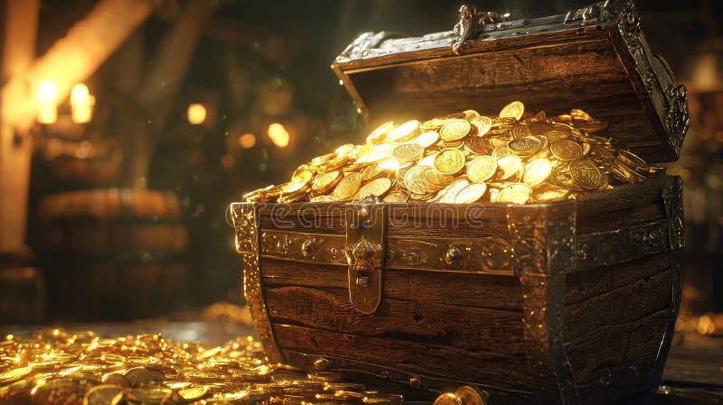An Ancient Dungeon with a Treasure Chest Spilling Over with Gold Coins ...
