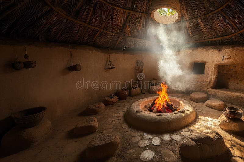 Ancient Dwelling with Central Fire Pit and Smoke Vent Stock Image ...
