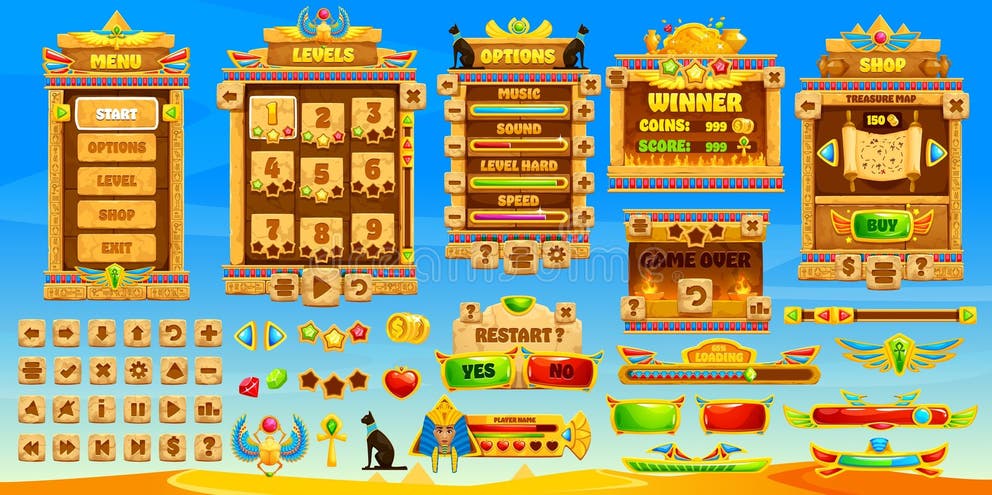 Ancient Egypt Game Interface, GUI Buttons, Assets Stock Vector ...