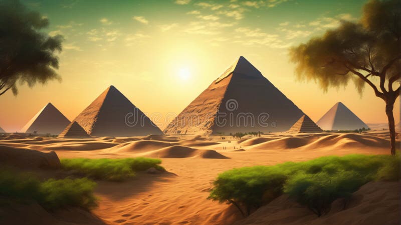 Ancient Egypt with Pyramids of GIza, Grass and Palms. Highly Detailed ...