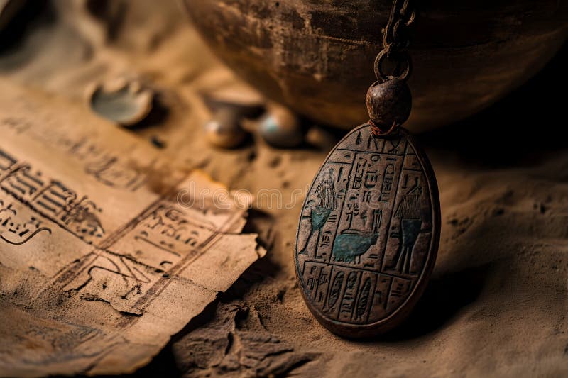 Ancient Egyptian Amulet on Papyrus Scrolls in Archaeological Setting ...