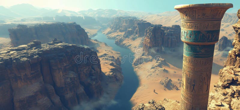 Ancient Egyptian Column Overlooking Vast Desert Canyon Landscape with ...