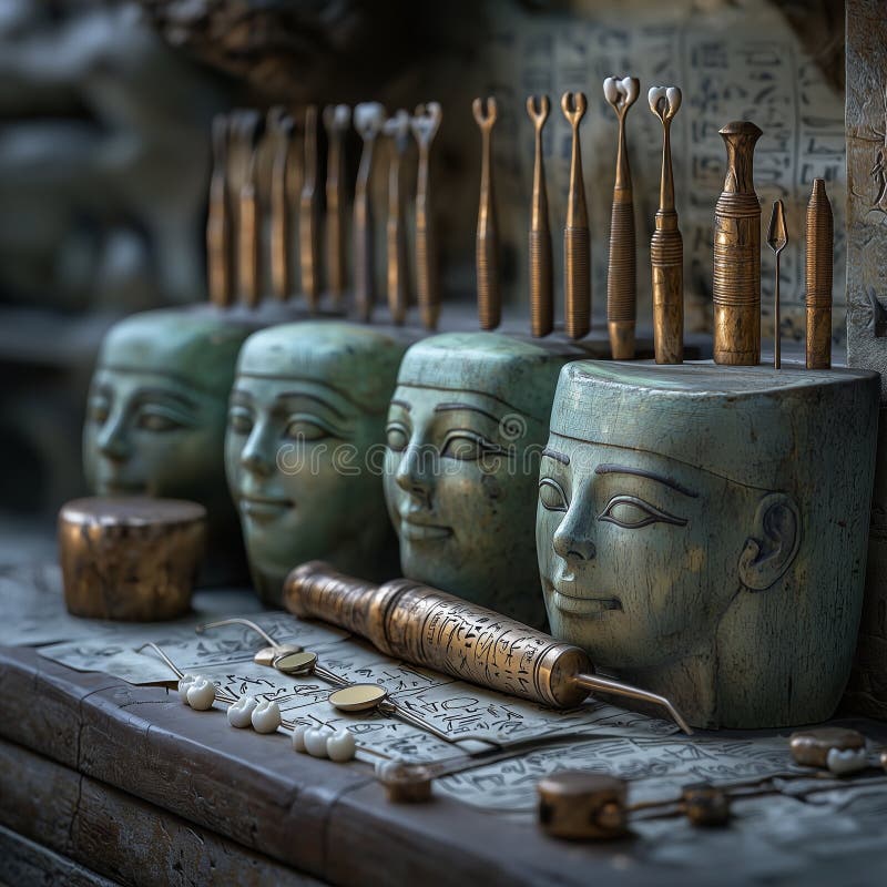 Ancient Egyptian Dentistry Tools with Papyrus and Prosthetic Teeth Stock Illustration ...