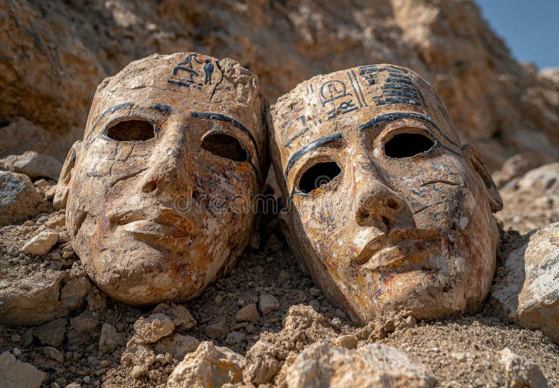 Ancient Egyptian Masks Discovered in the Desert Stock Illustration ...