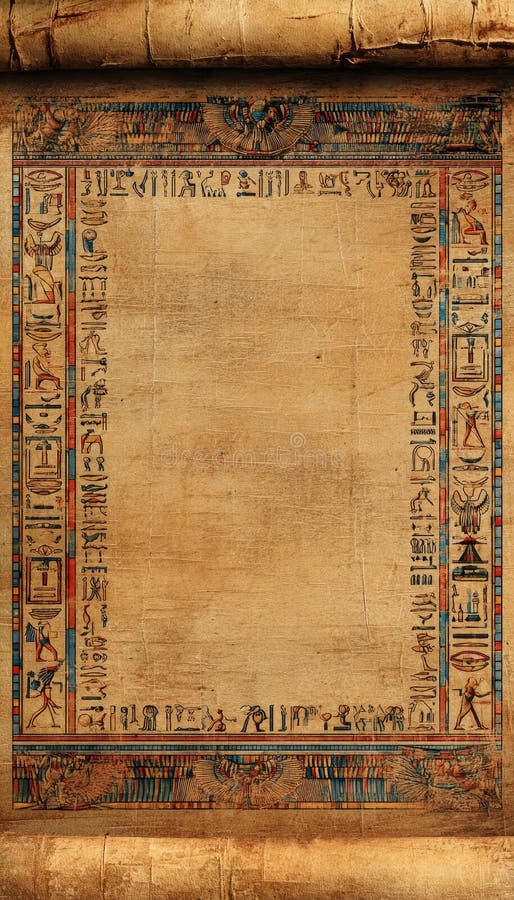 Ancient Egyptian Papyrus Scroll with Hieroglyphs and Decorative Borders ...