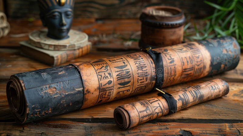 Ancient Egyptian Papyrus Scrolls with Hieroglyphs on Wooden Table with ...