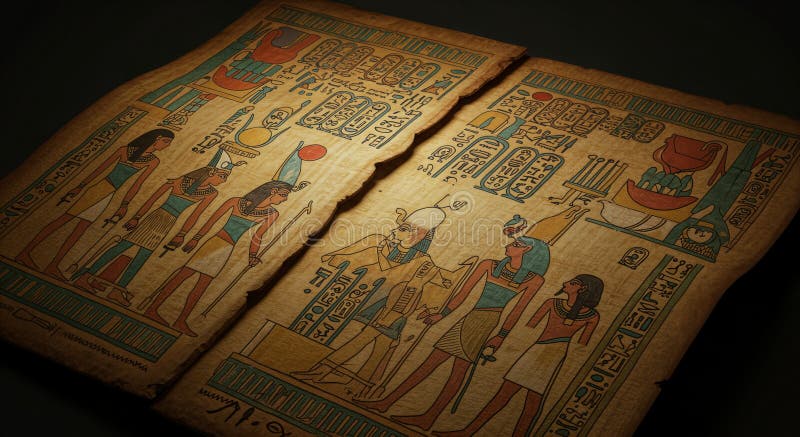 An Ancient Egyptian Papyrus Unfolded with Vivid Illustrations of the ...