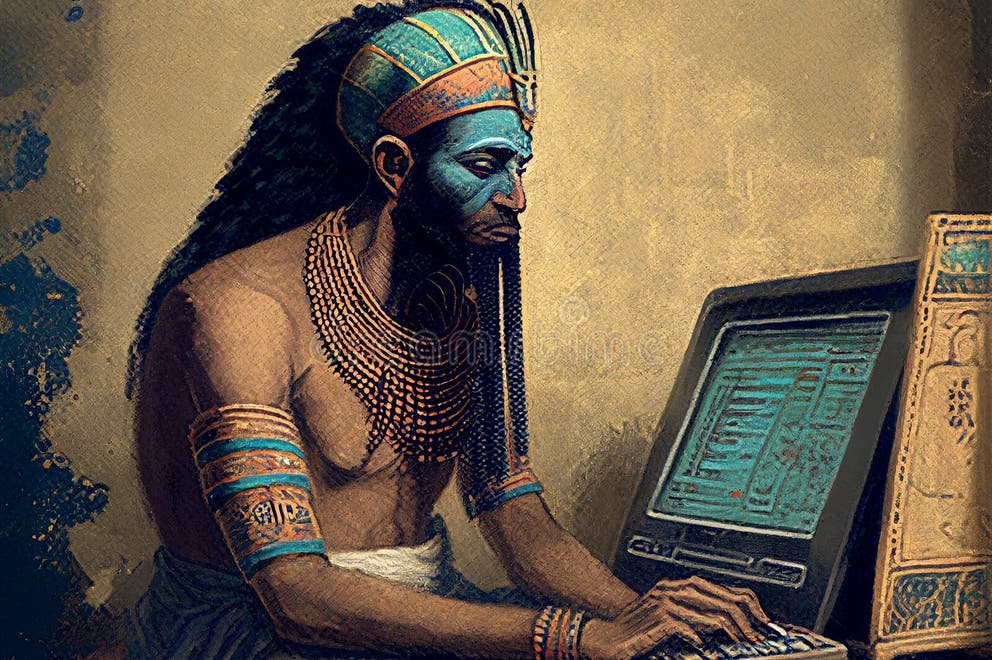 Ancient Egyptian Programmer, Prehistoric Programming, Pharaoh Working on Stone Computer ...