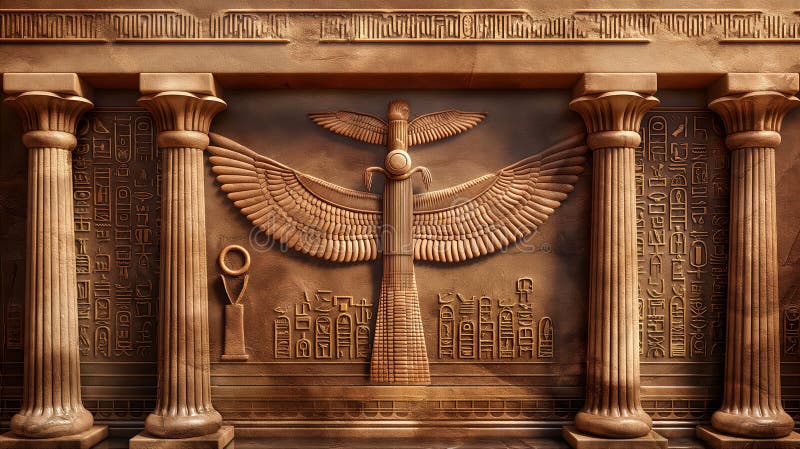 Ancient Egyptian Relief Featuring a Winged Deity among Ornate Columns ...