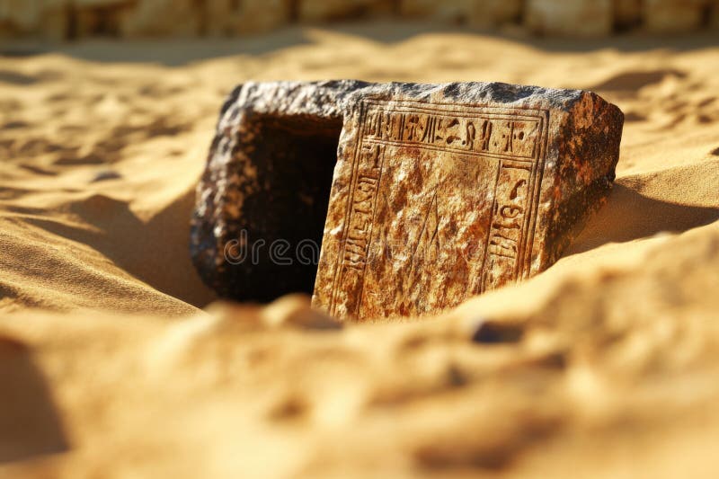 Ancient Egyptian Sand-buried Stone Tablet with Hieroglyphs in Sunlit ...