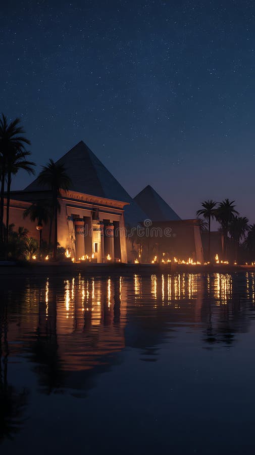 Ancient Egyptian Scene Featuring Pyramids and a Temple Illuminated by ...