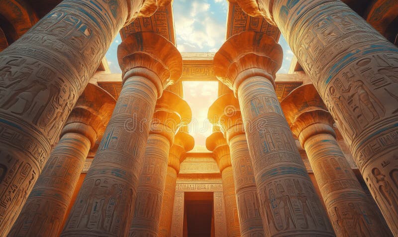 Ancient Egyptian Temple Columns with Hieroglyphs Illuminated by ...