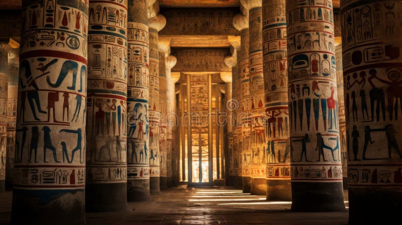 Ancient Egyptian Temple Corridor with Hieroglyphics on Pillars and ...