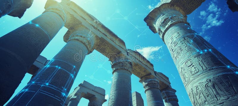 Ancient Egyptian Temple Digital Network, Architectural Ruins and Blue ...