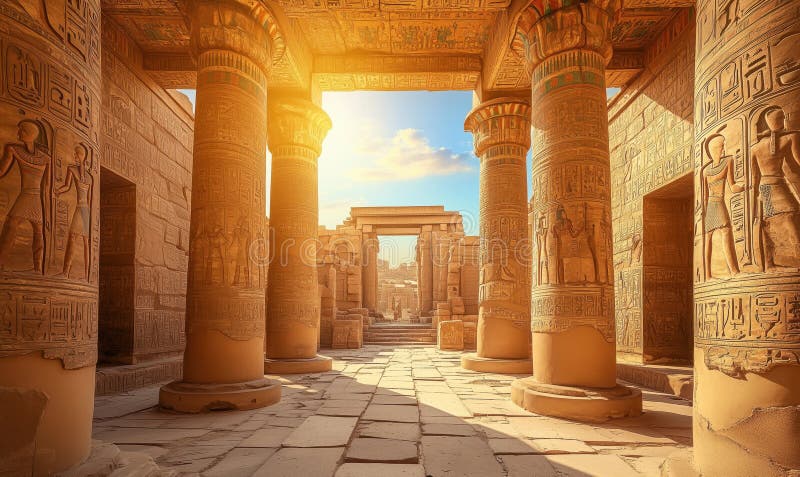 Ancient Egyptian Temple Interior with Hieroglyphics and Sunlight ...
