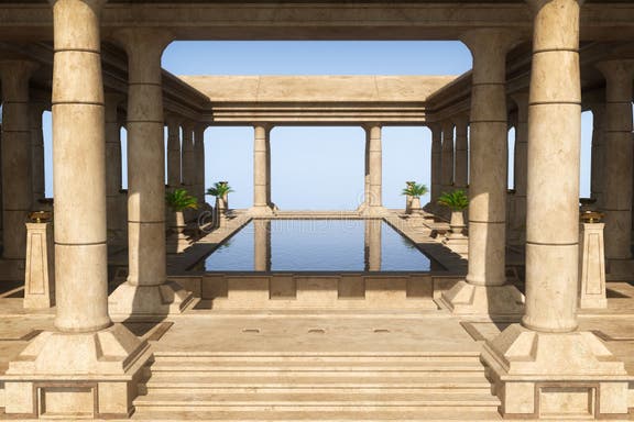 Ancient Egyptian Terrace and Pool, Surrounded by Stone Columns, with ...