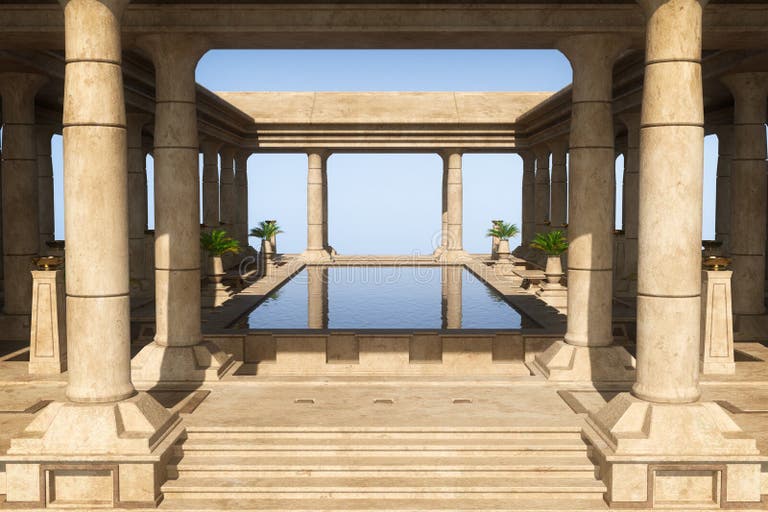 Ancient Egyptian Terrace and Pool, Surrounded by Stone Columns, with ...