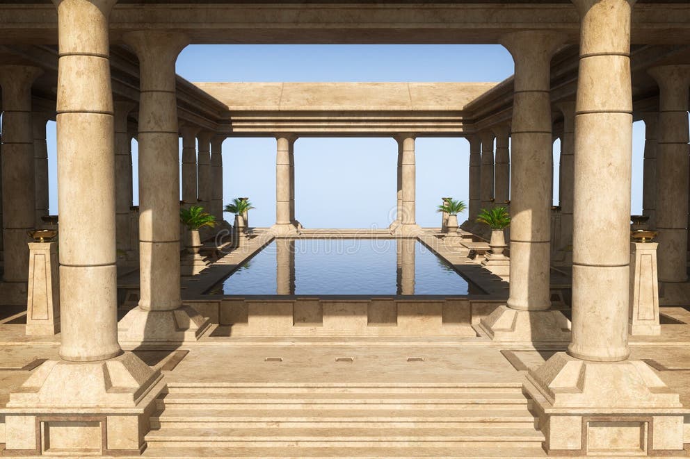 Ancient Egyptian Terrace and Pool, Surrounded by Stone Columns, with ...