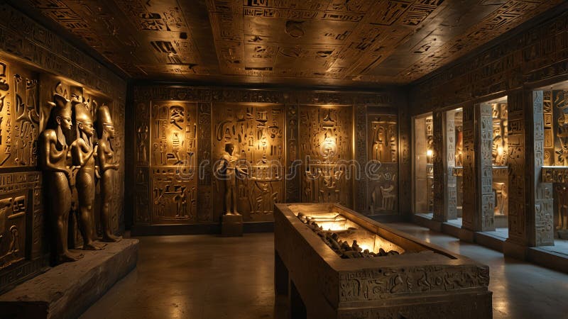Ancient Egyptian Tomb with Statues, Hieroglyphics, and Sarcophagus ...