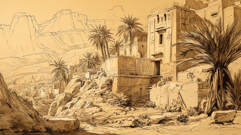 Ancient Egyptian Village Landscape Stock Illustration - Illustration of ...