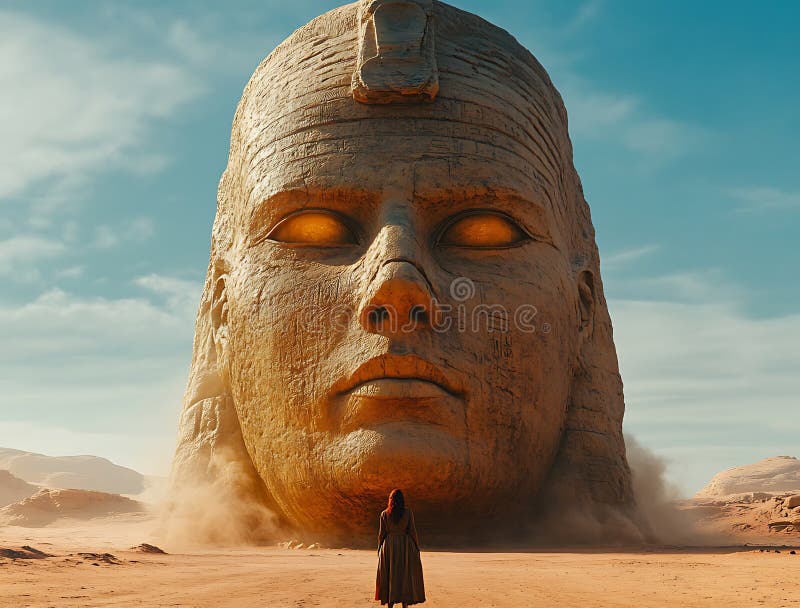 Ancient Egyptian Woman Facing Giant Stone Head in Desert Stock ...