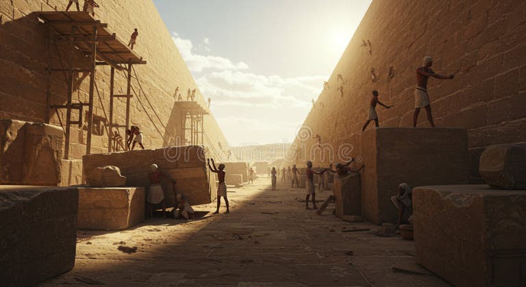 Ancient Egyptian Workers are Constructing a Large Pyramid, Using Ramps ...