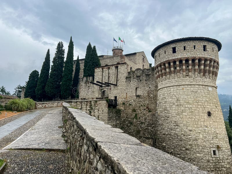 Ancient European Castle with Round Tower and Walkway Along the Top of ...