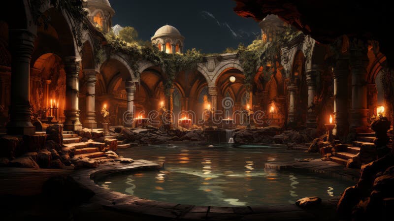 Ancient Fantasy Steam Bath with People Stock Illustration ...