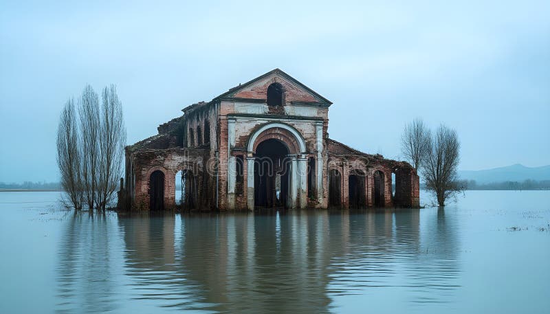 Ancient Flooded Church in Ruins and Abandoned on Water Stock Image ...