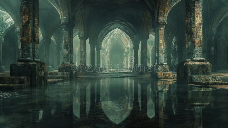 An Evocative Image Displaying an Ancient Flooded Crypt or Temple ...