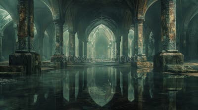 An Evocative Image Displaying an Ancient Flooded Crypt or Temple ...