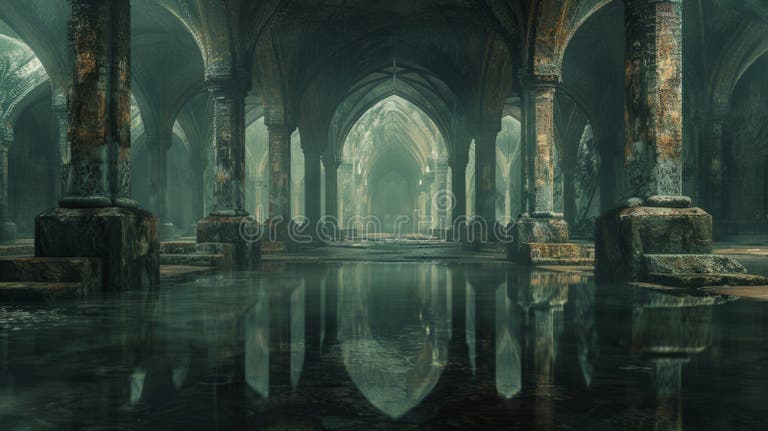 An Evocative Image Displaying an Ancient Flooded Crypt or Temple ...