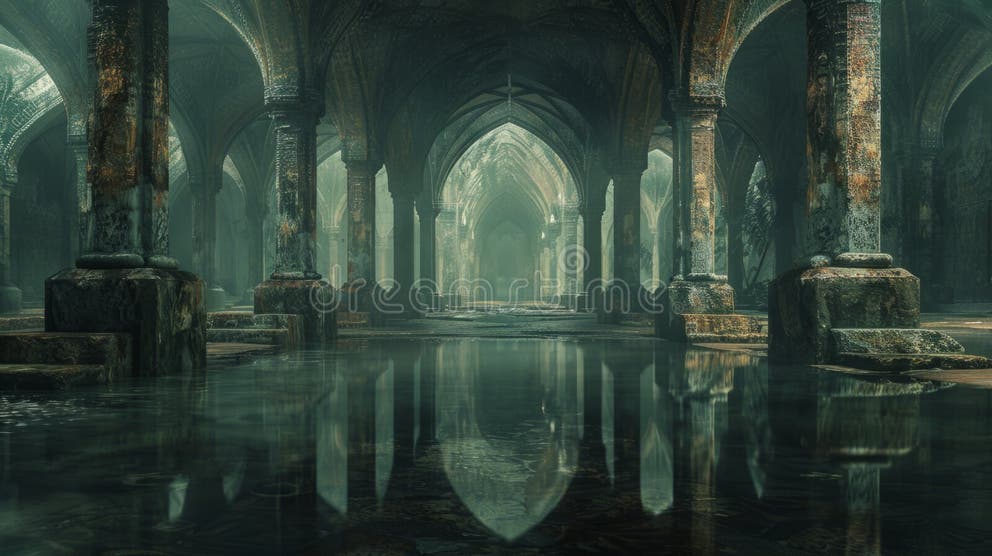 An Evocative Image Displaying an Ancient Flooded Crypt or Temple ...