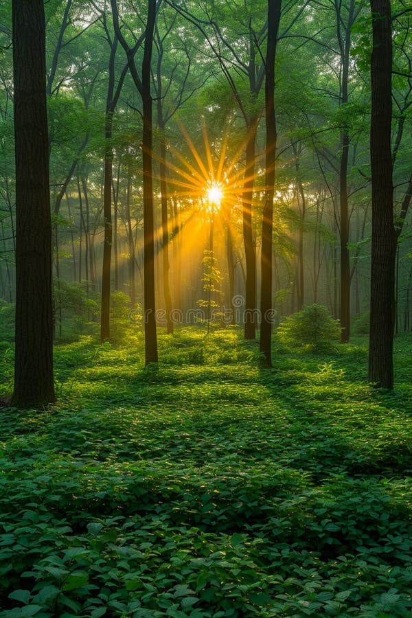 Ancient Forest at Dawn: Spring S Stock Illustration - Illustration of ...