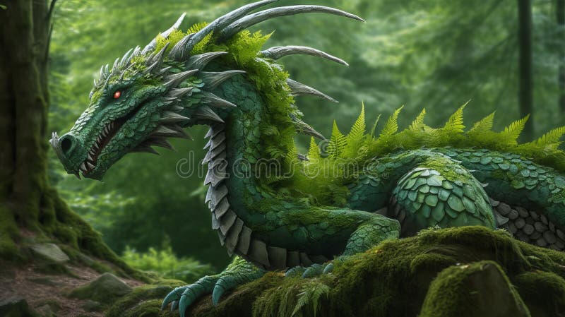 Ancient Forest Dragon Covered with Green Plants, Stock Illustration ...