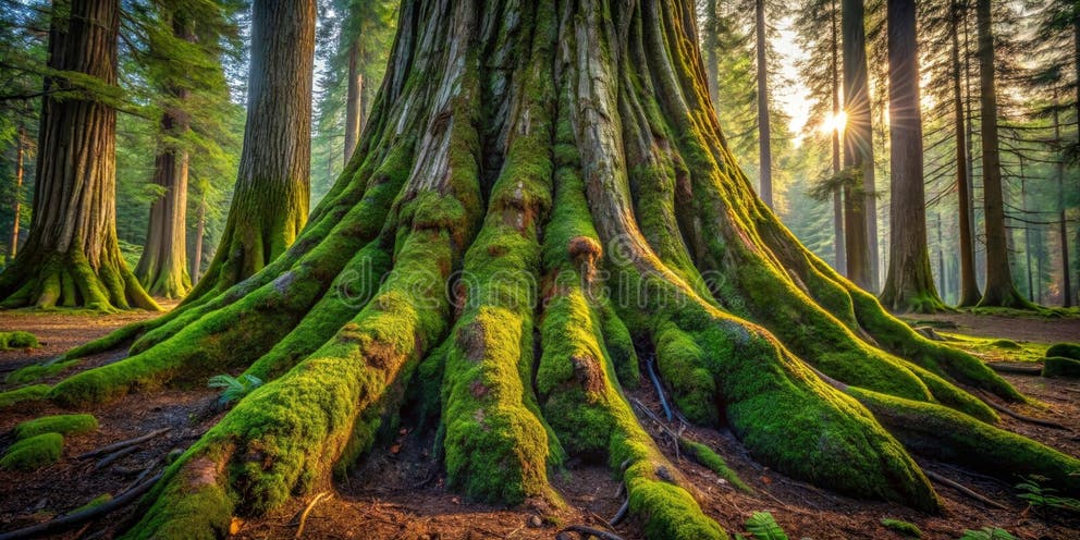 Ancient Forest Giant Moss-covered Roots Basking in Sunlight. Generative AI Stock Illustration ...