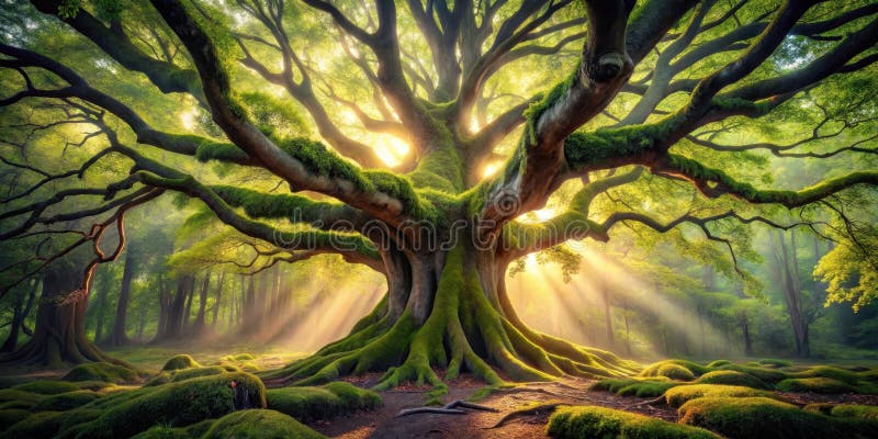 Ancient Forest Majesty Sunlight Illuminates a Moss-covered Tree with ...