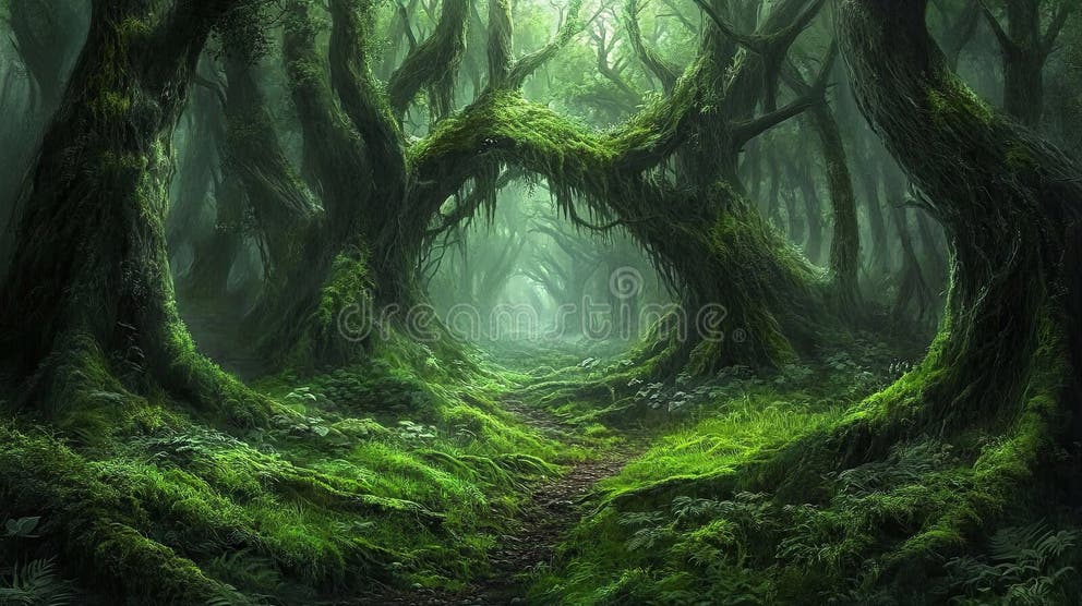 Ancient Forest with Moss-covered Ground and Twisted Trees. Stock Photo ...
