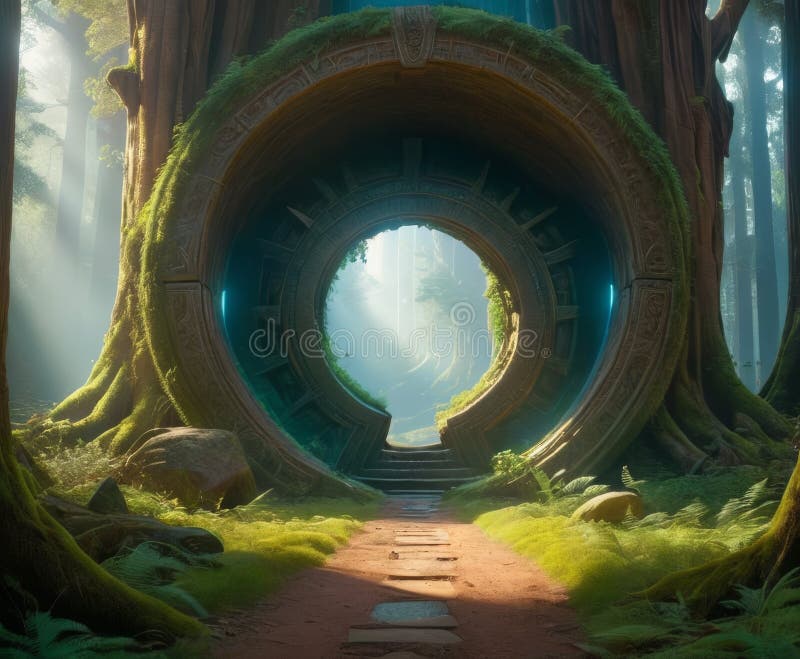 Ancient Forest Portal with Sunlight Streaming through Stock Photo ...
